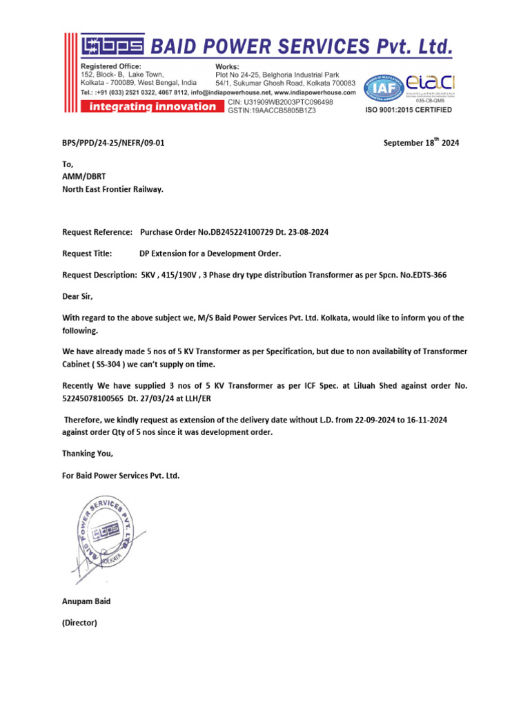 DP Extension Letter of 5 KV Transformer | PDF