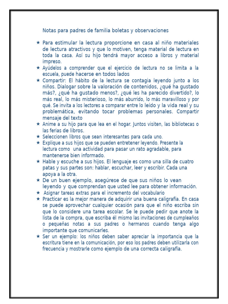 Notas para Padres de Familia Boletas y Observaciones | PDF | Cognición