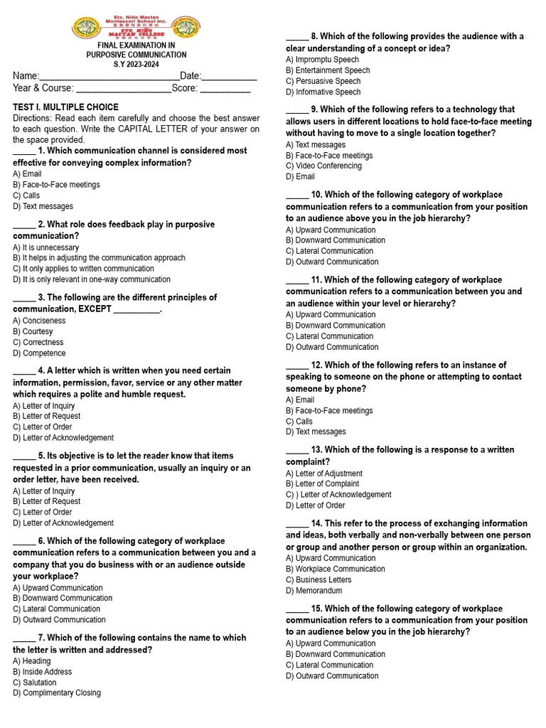 FINALS PUR COM Without Answers | PDF | Communication | Human Communication