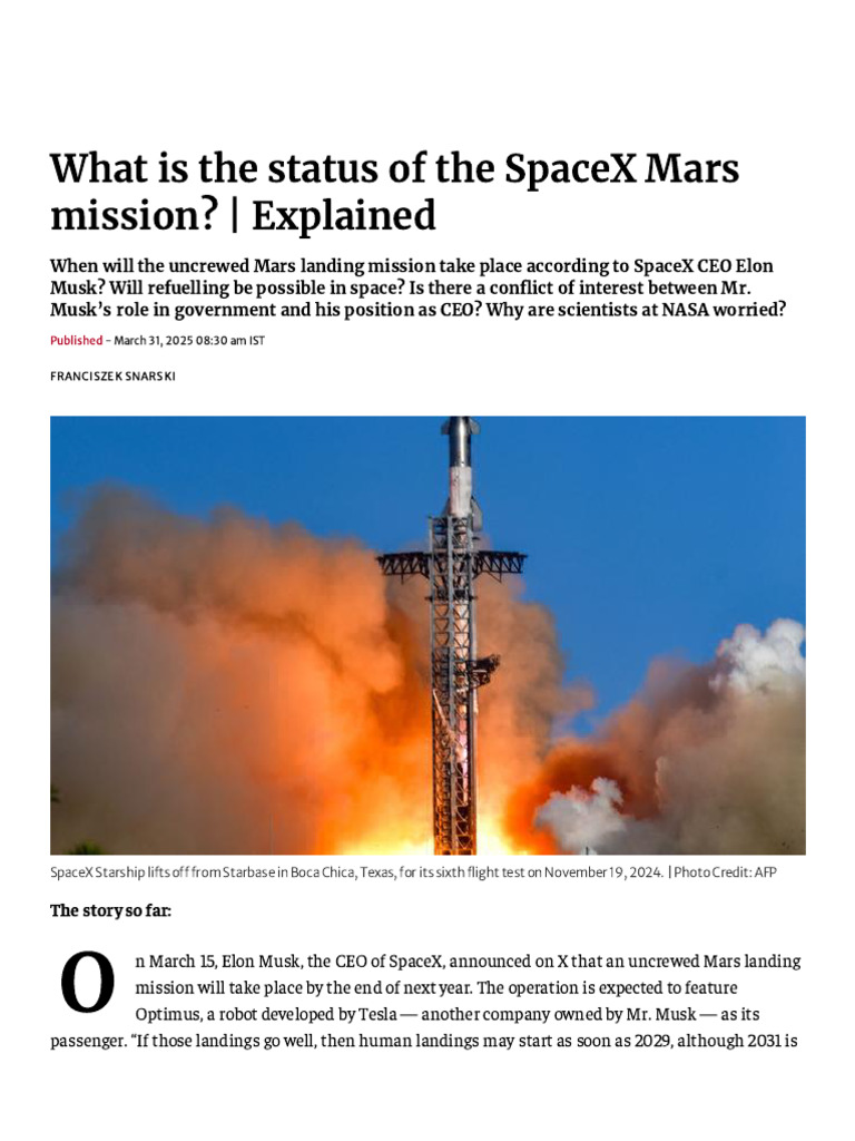 What Is The Status of The SpaceX Mars Mission - Explained - The Hindu | PDF | Space X | Elon Musk