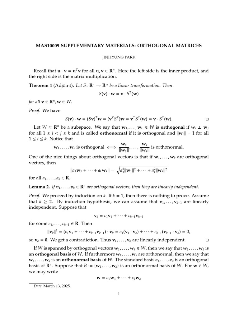 MAS10009 Supplementary Materials Orthogonal Matrices | PDF | Matrix (Mathematics) | Mathematics