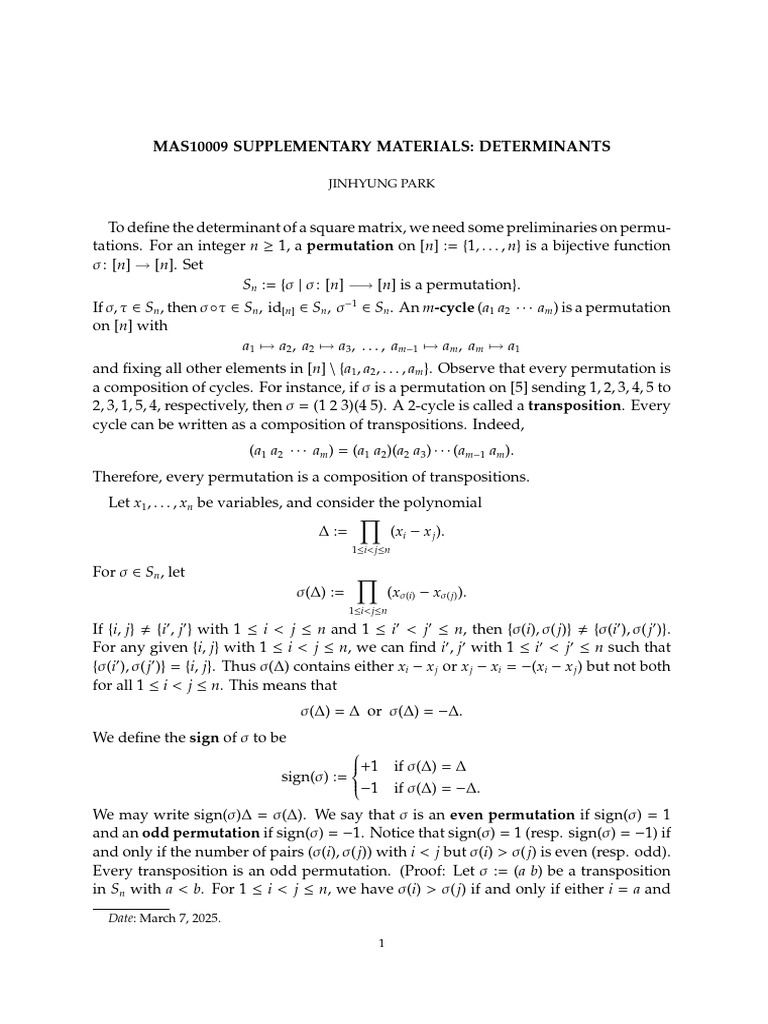 MAS10009 Supplementary Materials Determinants | PDF | Permutation | Combinatorics