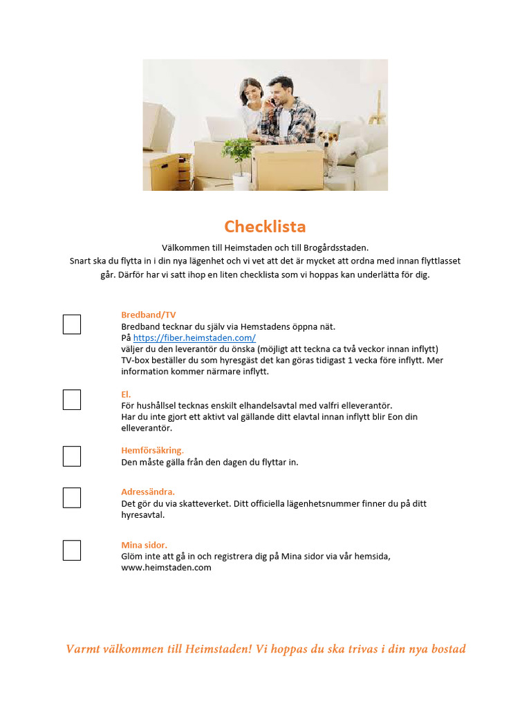 Checklista Inflytt BrogÃ Rdsstaden | PDF