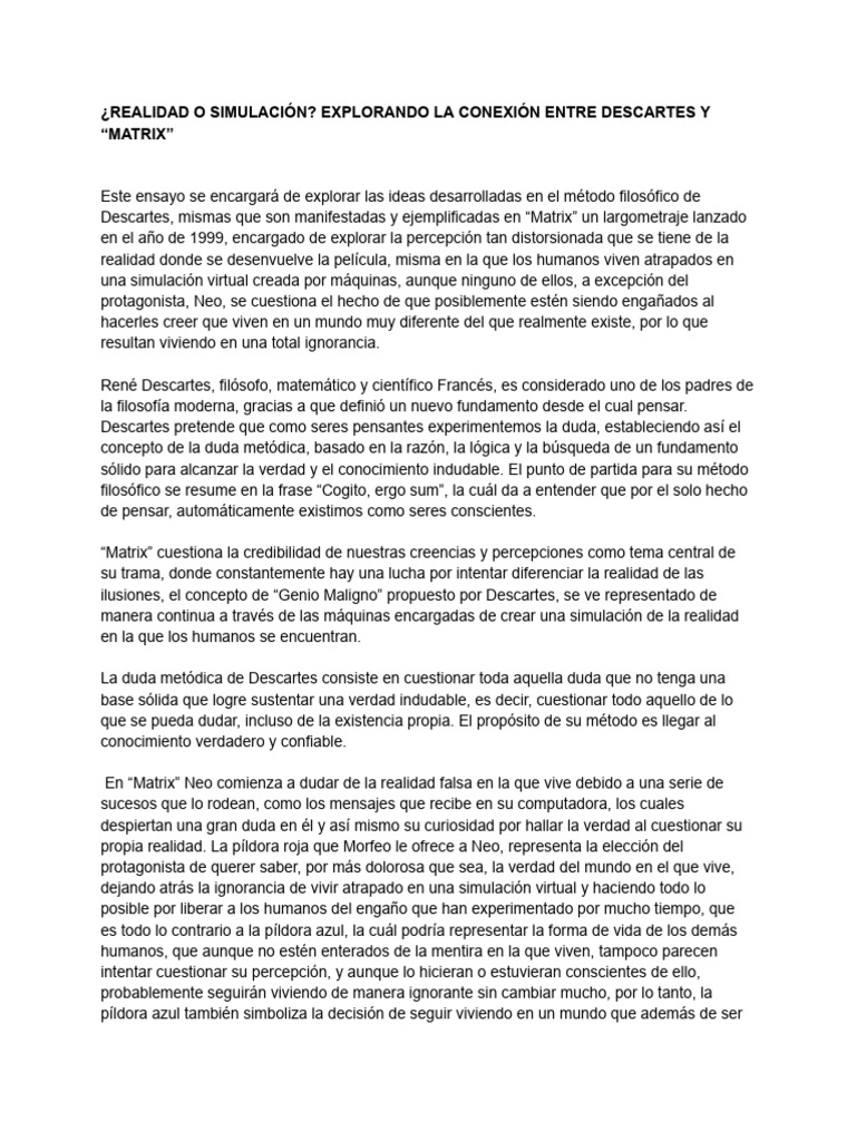 Descartes y "Matrix": Realidad vs. Simulación | PDF | René Descartes ...