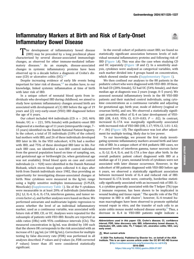 Inflammatory Markers at Birth and Risk of Early Onset Inflammatory ...