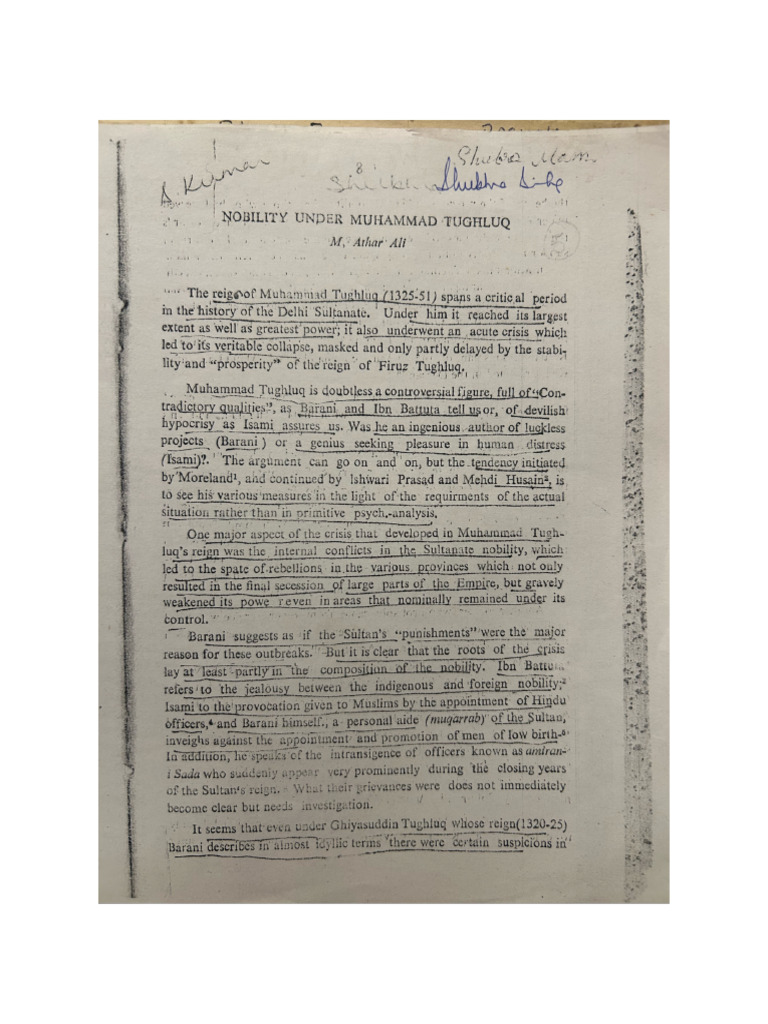 Nobility Under Mohammad Tughluq (M Athar Ali) | PDF