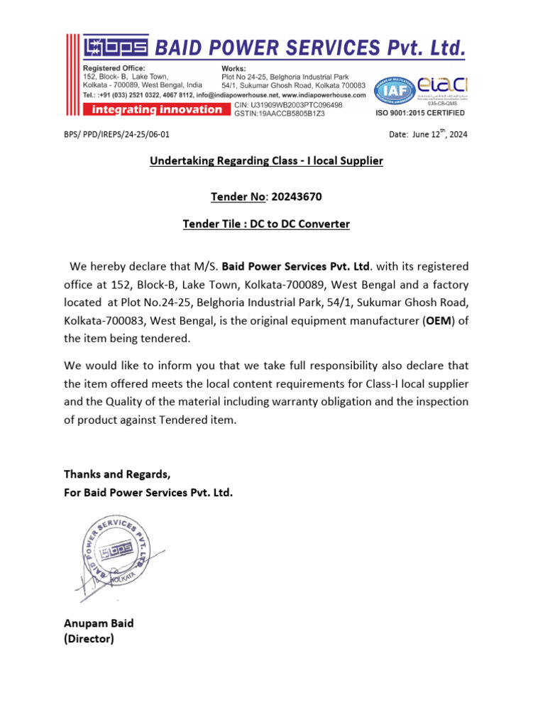 Declaration of Class I Supplier | PDF