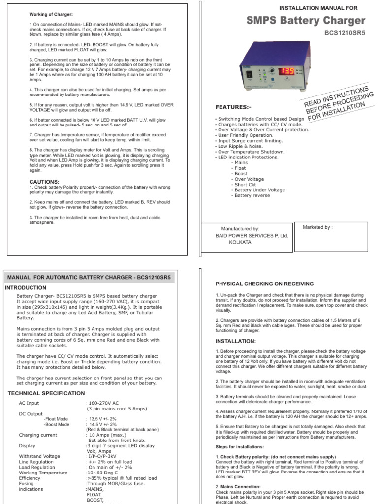 Manual of SMPS Battery Charger 1210SR5 | PDF | Battery Charger | Mains ...
