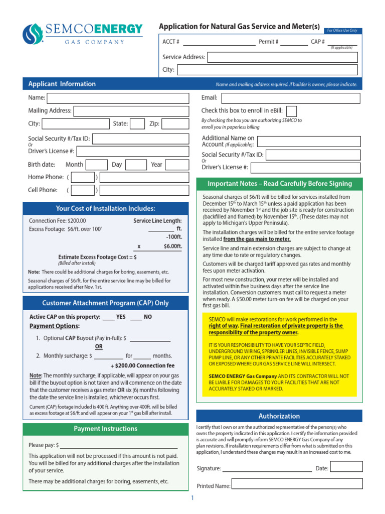Natural Gas Service Application Form | PDF | Fee | Water Heating