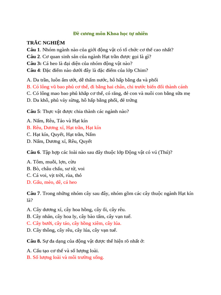 Đề cương môn Khoa học tự nhiên GHK 2 | PDF