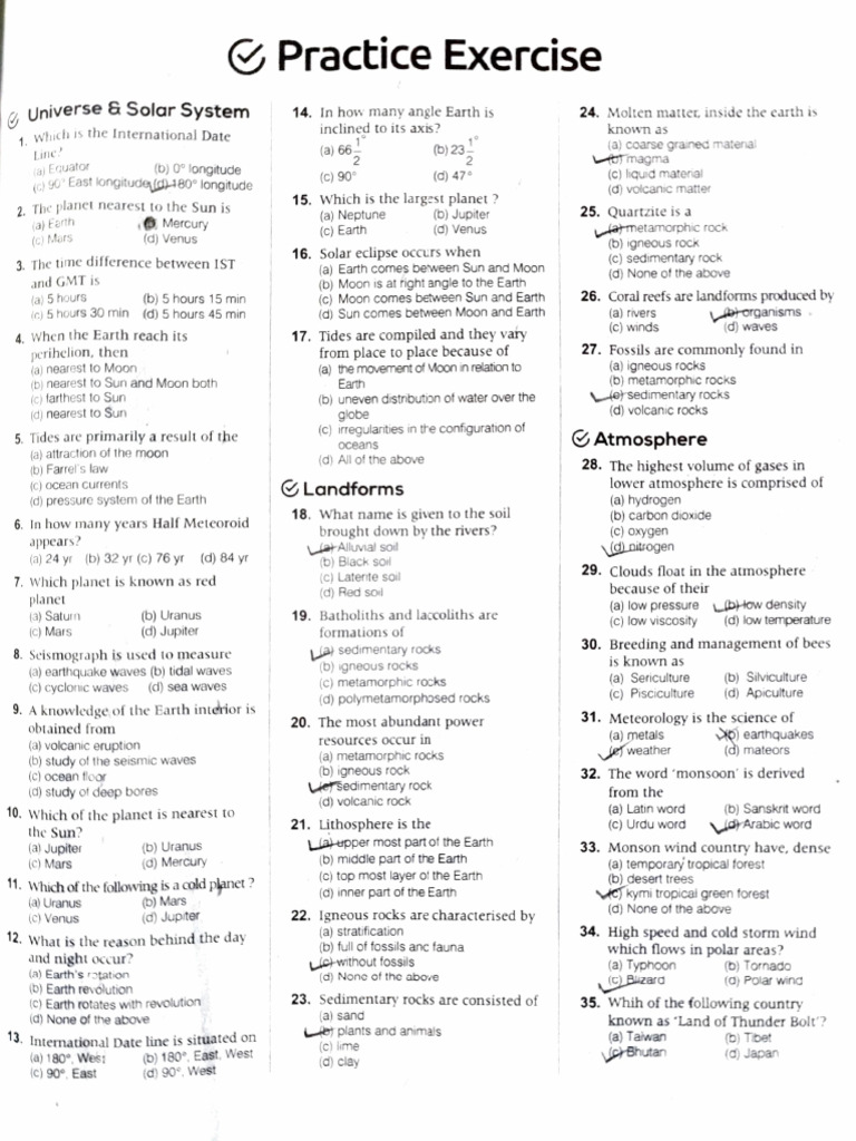 Solar System and Earth Science Quiz | PDF | Rock (Geology) | Earth