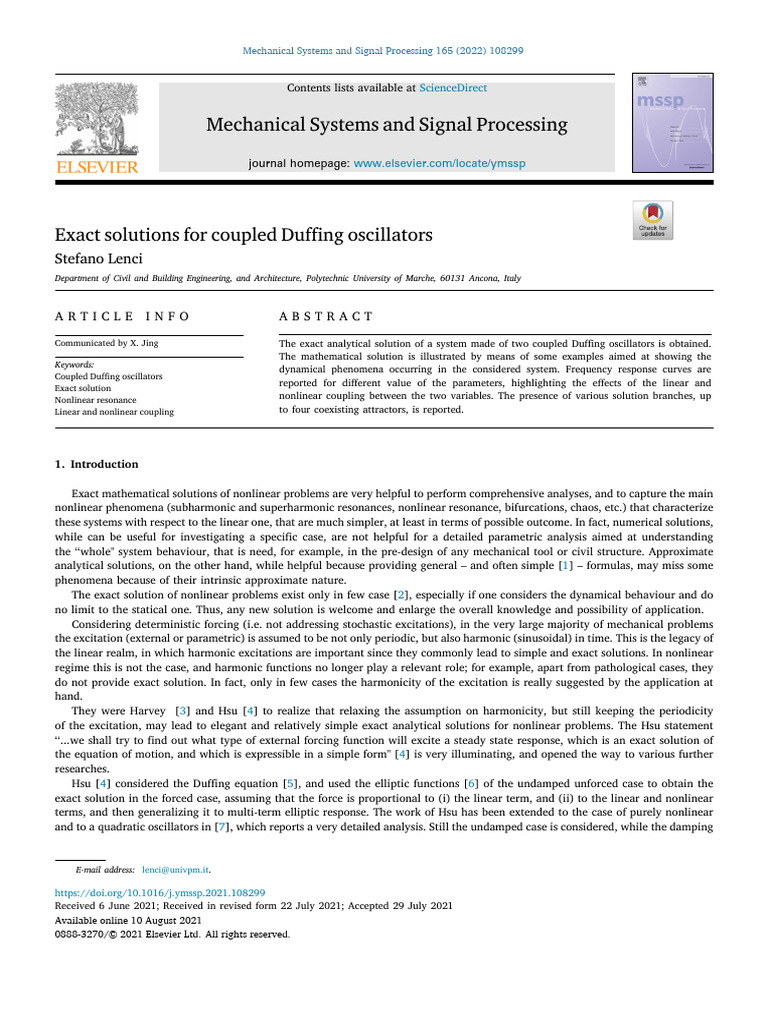 Exact Solutions for Coupled Duffing Oscillators | PDF | Resonance ...