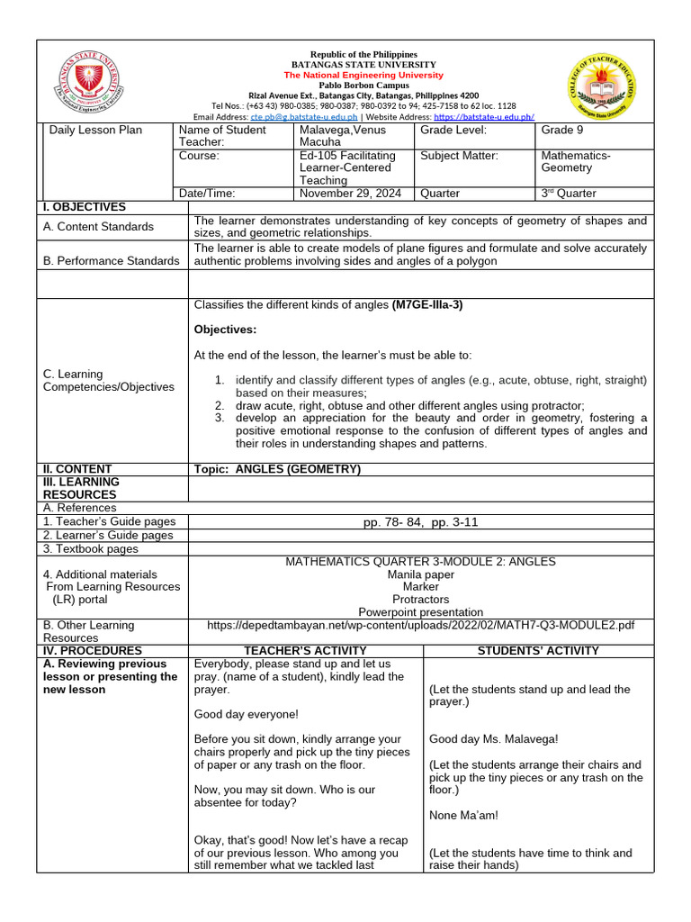 Grade 9 Geometry Lesson Plan: Angles | PDF | Shape | Geometry