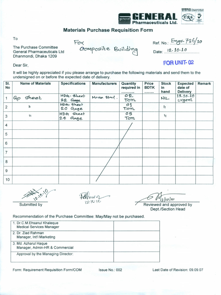 Materials Purchase Requisition Form | PDF