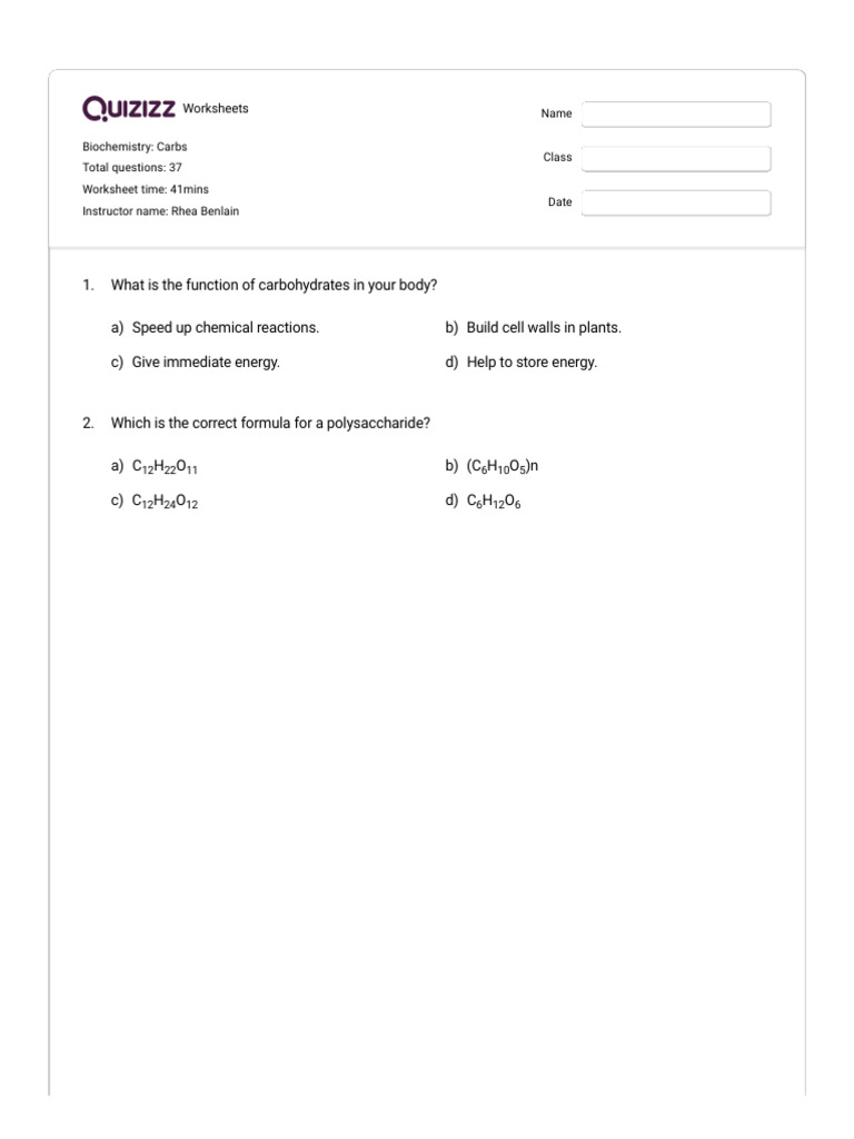 Biochemistry - Carbs - Quizizz | PDF | Carbohydrates | Glucose