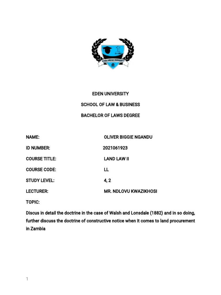 Land Law Assignment - Oliver Ngandu | PDF