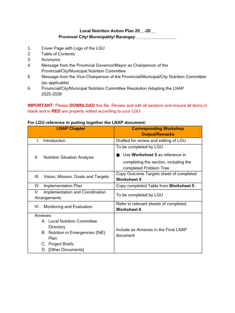 Workshop 7. LNAP 2025-2028 (Template) - 3 - 50pm | PDF | Malnutrition ...