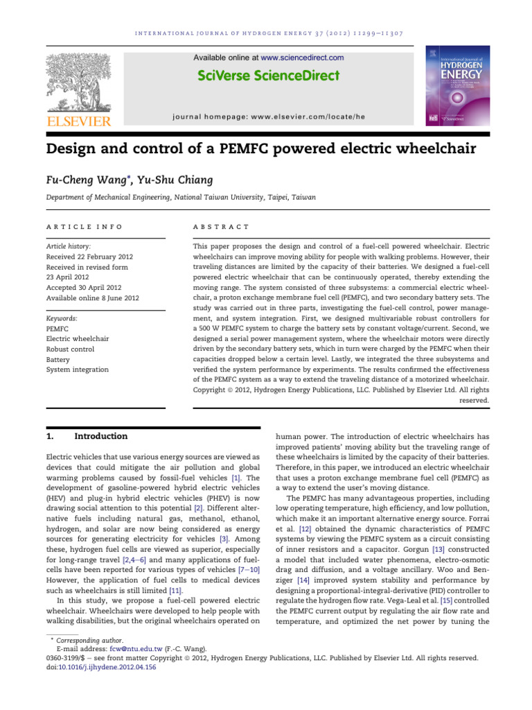 Design and control of a PEMFC powered electric wheelchair | PDF | Fuel Cell | Vacuum Tube