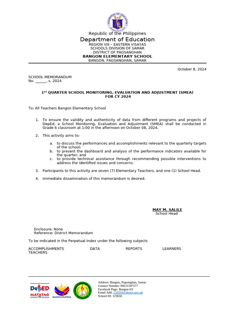 School Memo 1st Quarter SMEA | PDF