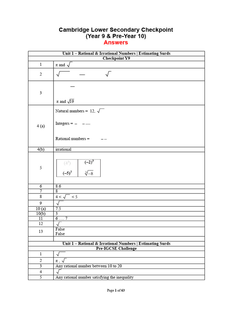 01 - Answers - Cambridge Checkpoint Y9 & Pre-Y10 | PDF | Angle | Mathematics