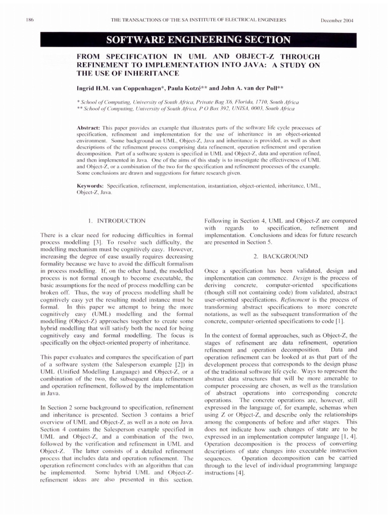 Software Engineering Section From Specification in UML and Object-Z Through Refinement To ...