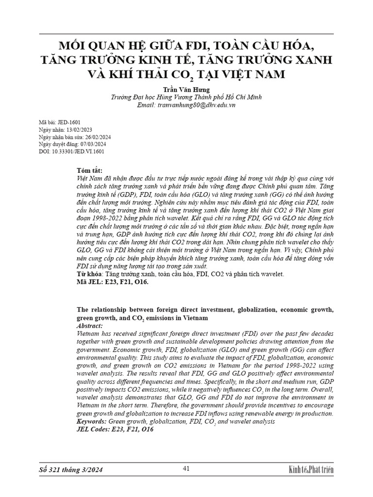 Mối Quan Hệ Giữa Fdi, Toàn Cầu Hóa, Tăng Trưởng Kinh Tế, Tăng Trưởng Xanh Và Khí Thải Co Tại ...