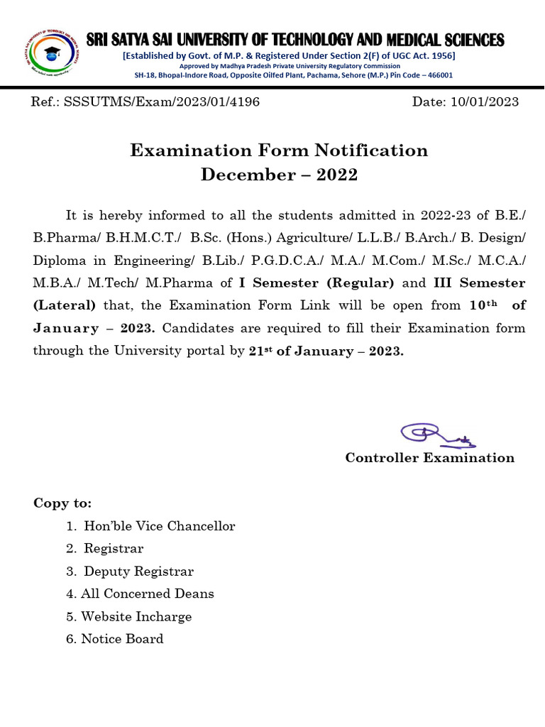 Examination Notification I & III Semester DEC-2022 Admitted 2022-23 | PDF