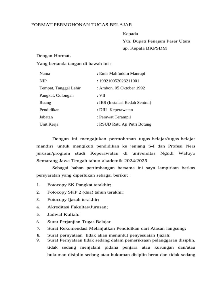 FORMAT PERMOHONAN TUGAS BELAJAR Fix | PDF