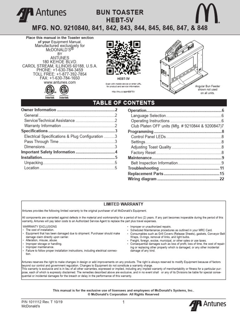 High Efficiency Bun Toaster HEBT 5V MCD Owners Manual | PDF ...