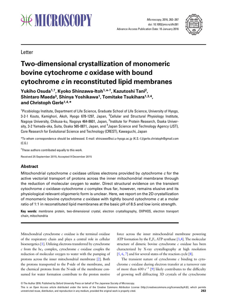 Two-Dimensional Crystallization of Monomeric Bovine Cytochrome C Oxidase With Bound Cytochrome C ...