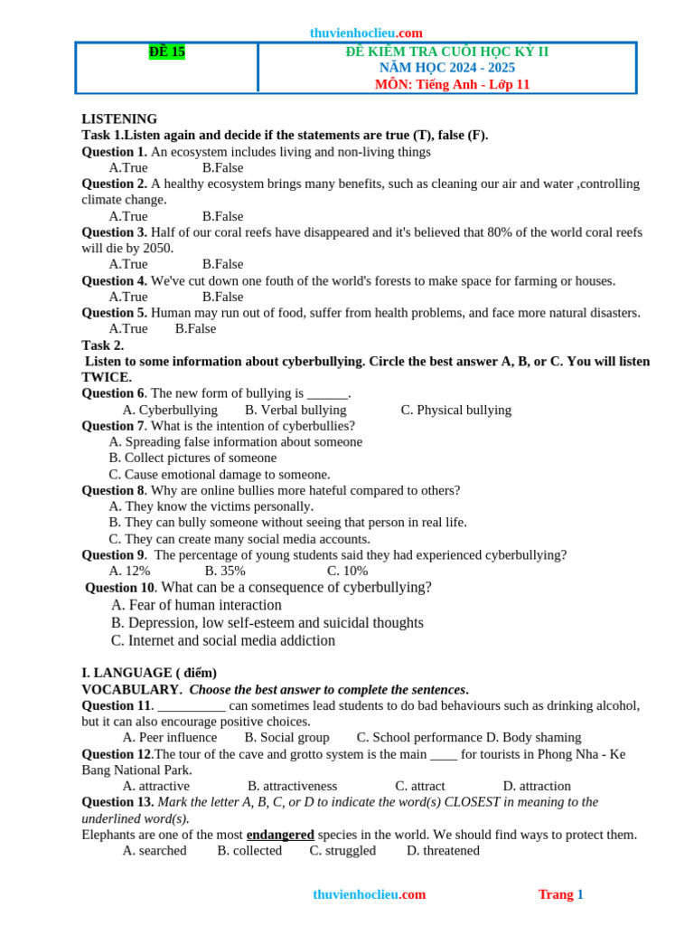 thuvienhoclieu.com-De-kiem-tra-cuoi-HK2-Tieng-Anh-11-Global-De-15 | PDF | Cyberbullying | Wildlife