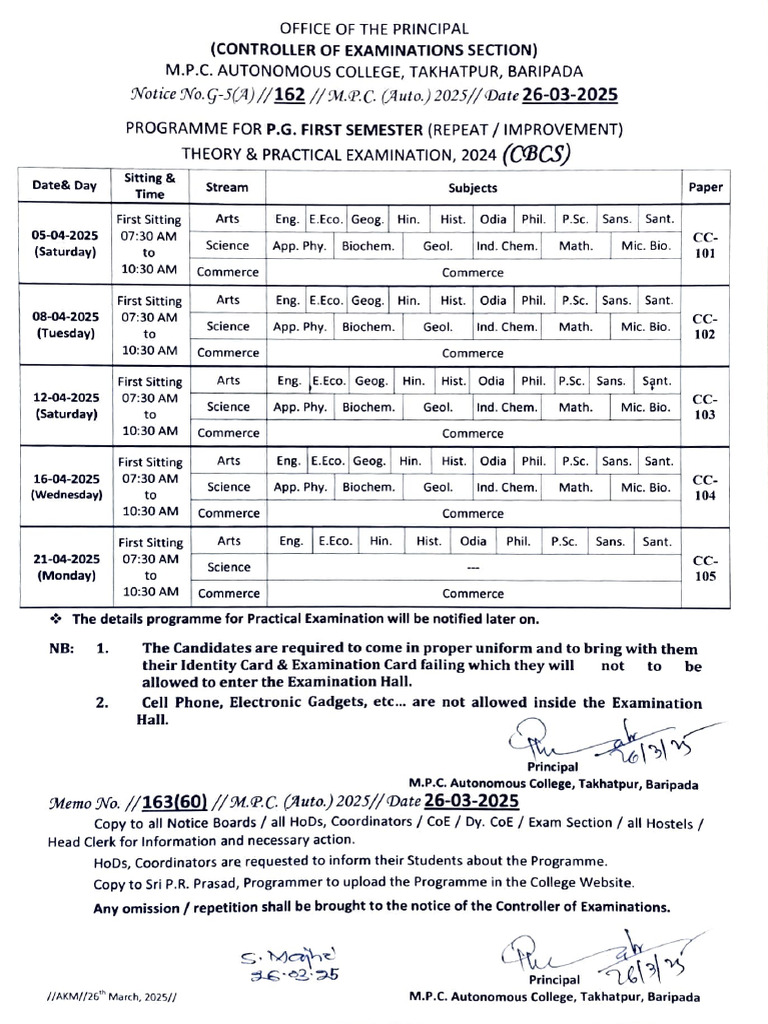 Notice No.G-5 (A) //162 //M.PC. (Auto.) 2025//date 26-03-2025 Theory & Practical Examination ...