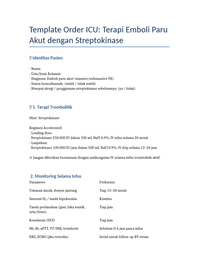 Template_Order_ICU_Terapi_Emboli_Paru_Streptokinase | PDF