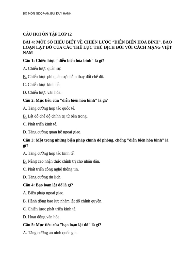 Câu Hỏi Ôn Tập Lớp 12 GK2 | PDF