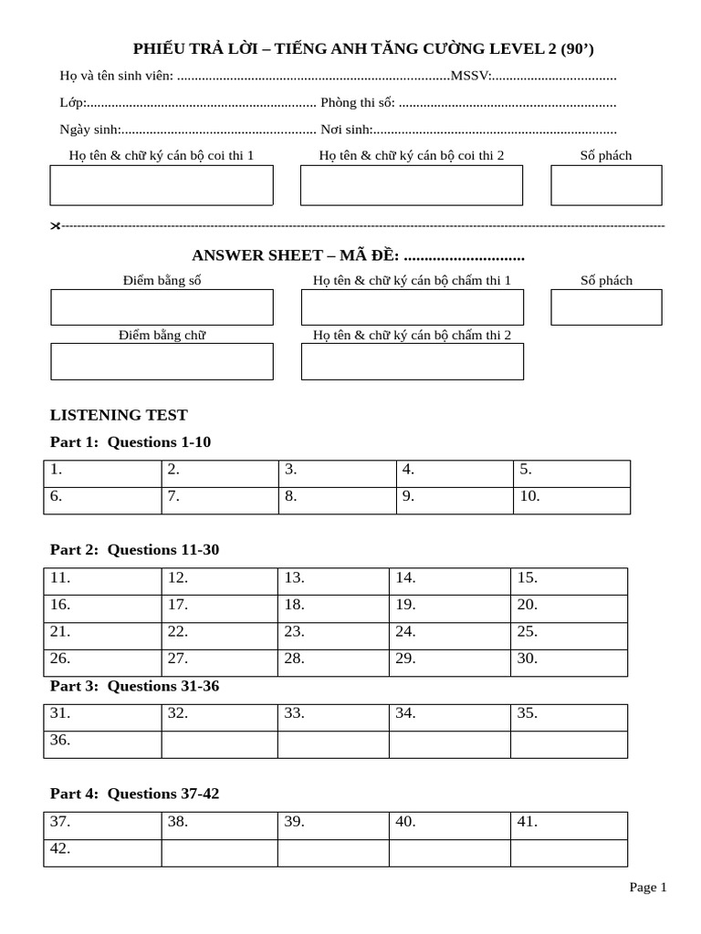 Answer Sheet TC KTT Level 2 | PDF