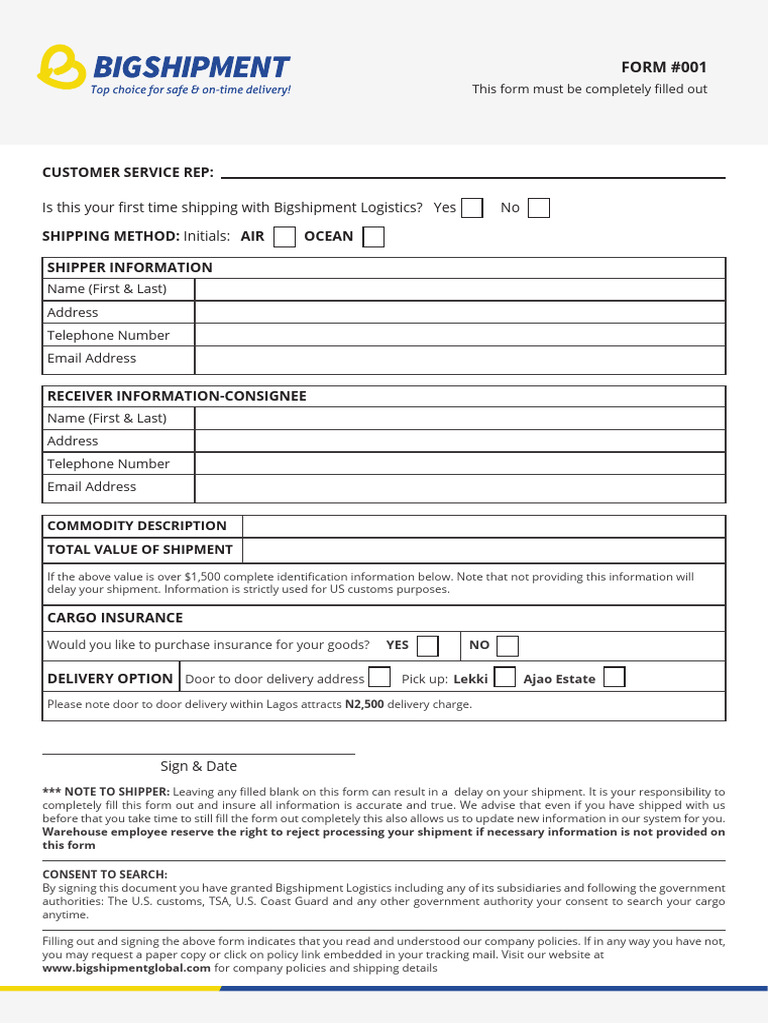 Bigshipment Proof of Delivery Form | PDF | Freight Transport | Cargo
