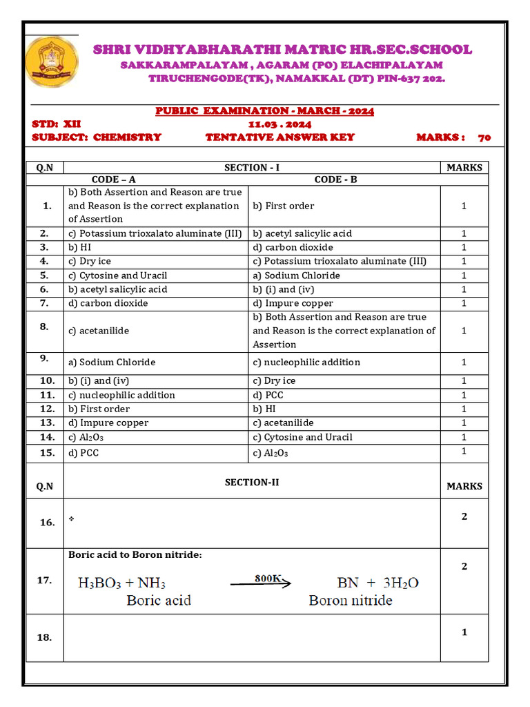 12th Chemistry Public Exam March 2024 Answer Key English Medium PDF ...