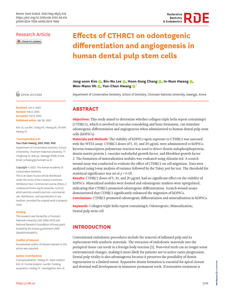 Effects of CTHRC1 on odontogenic differentiation and angiogenesis in ...