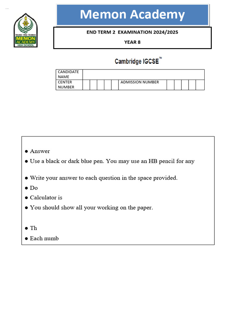 Grade 8 Term 2 Maths Exam 2025 | PDF | Circle | Mathematics