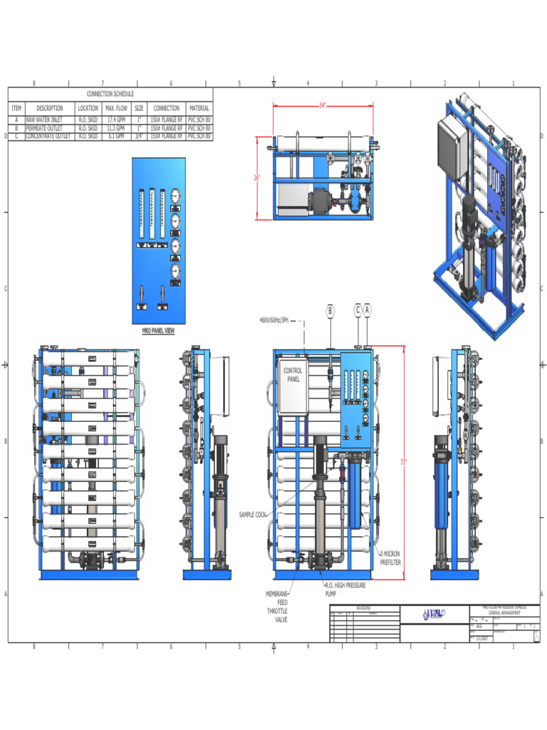 Reverse Osmosis System Industrial MRO 4H 11 GPM 3-D Drawing | PDF