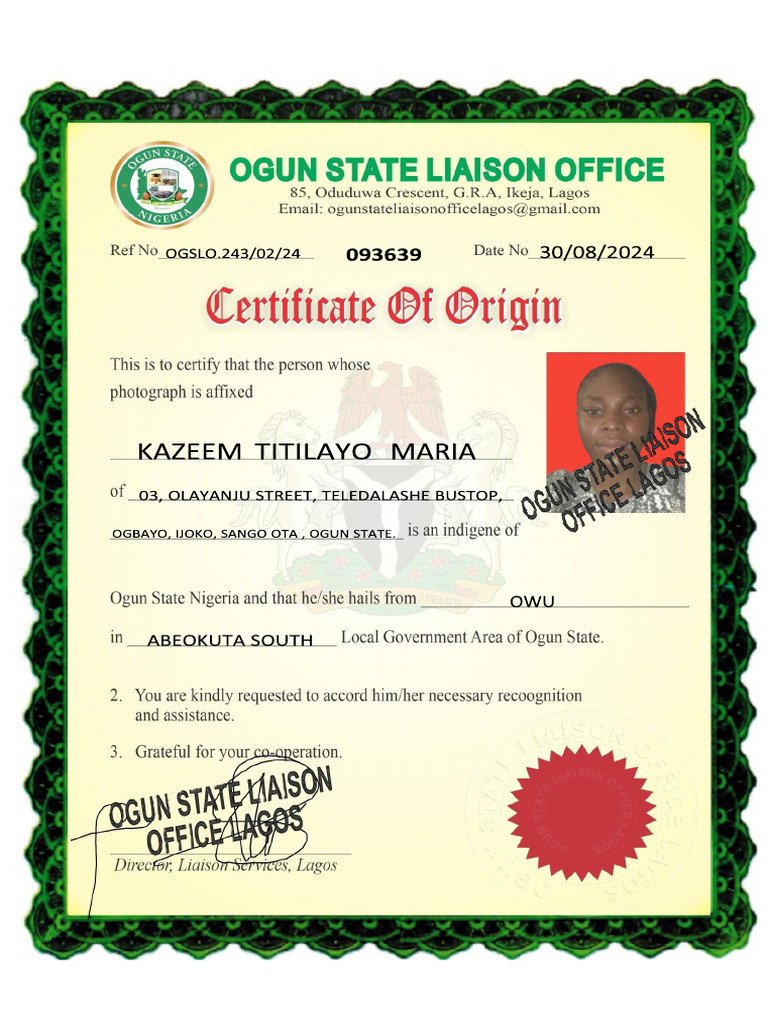 Certificate of Origin Ogun State | PDF