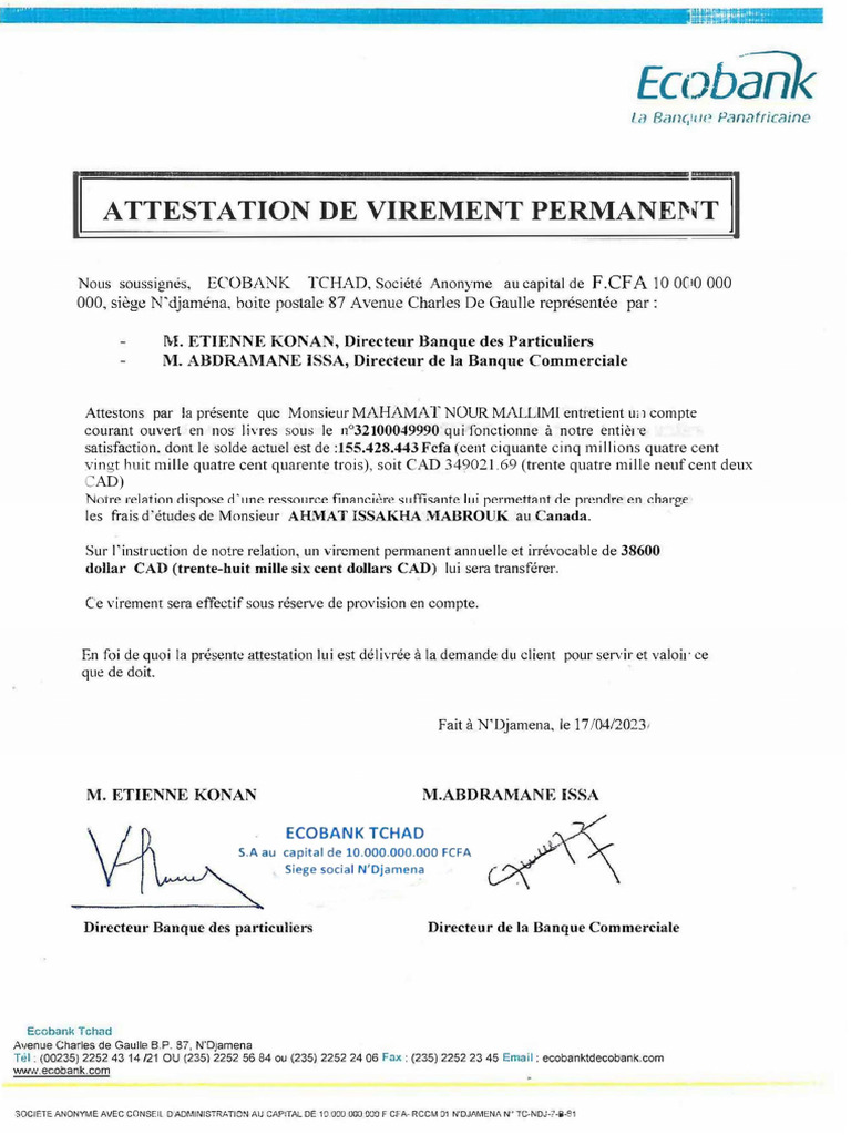 Attestation VIREMENT PERMANENT | PDF