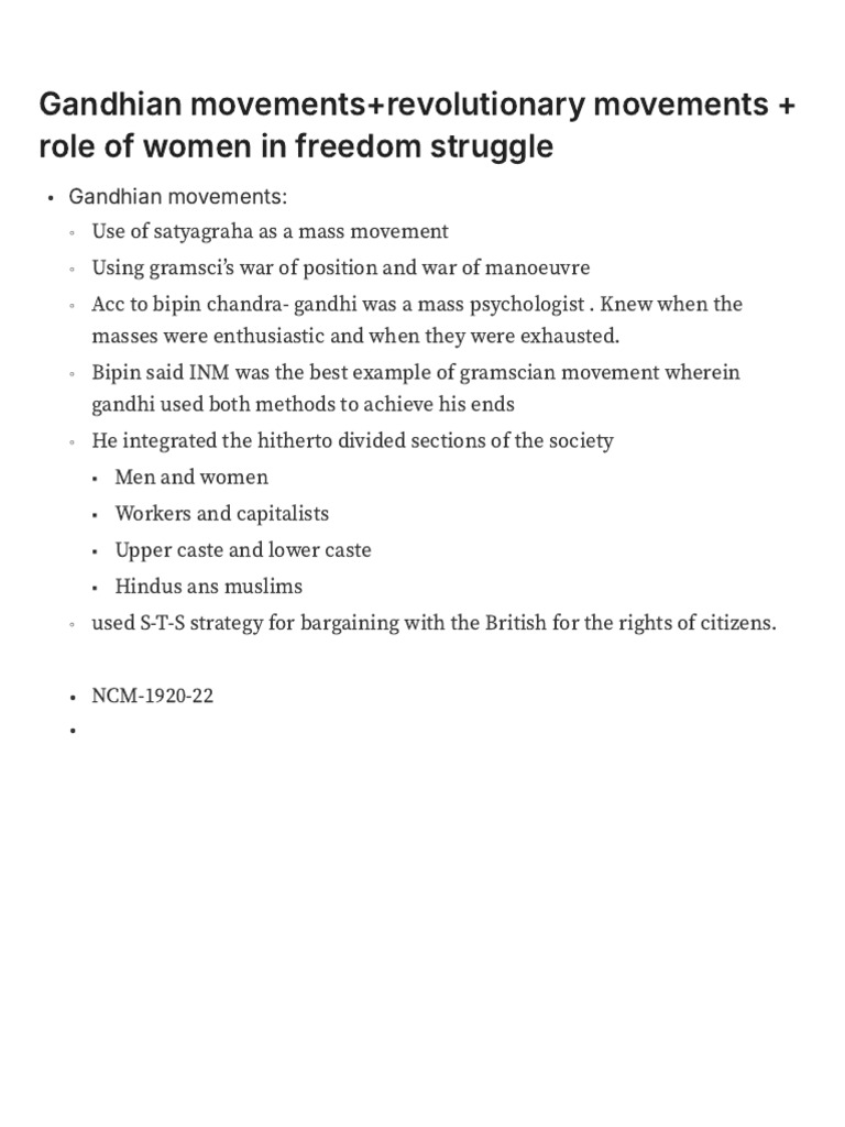 Gandhian Movements+revolutionary Movements + Role of Women in Freedom ...