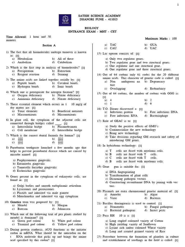 MHT CET Biology Entrance Exam Questions | PDF | Antibody | Genetic Code