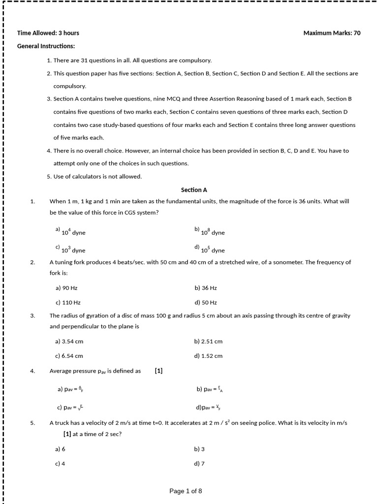 Sample paper 11th Physics | PDF | Potential Energy | Force