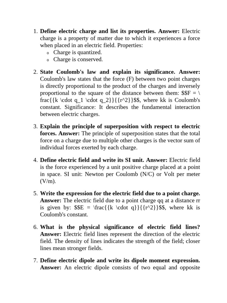 Class 12 Chapter 1 Physics Important 2 Marks Questions | PDF | Electric Field | Force