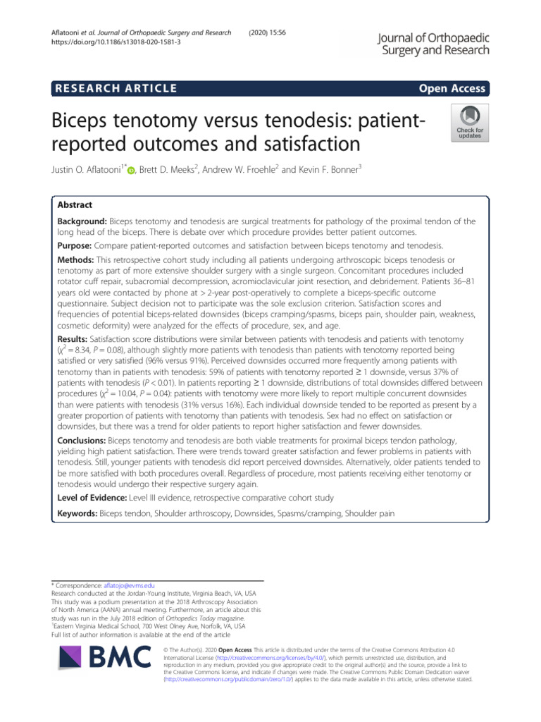Biceps Tenotomy Versus Tenodesis: Patient - Reported Outcomes and ...