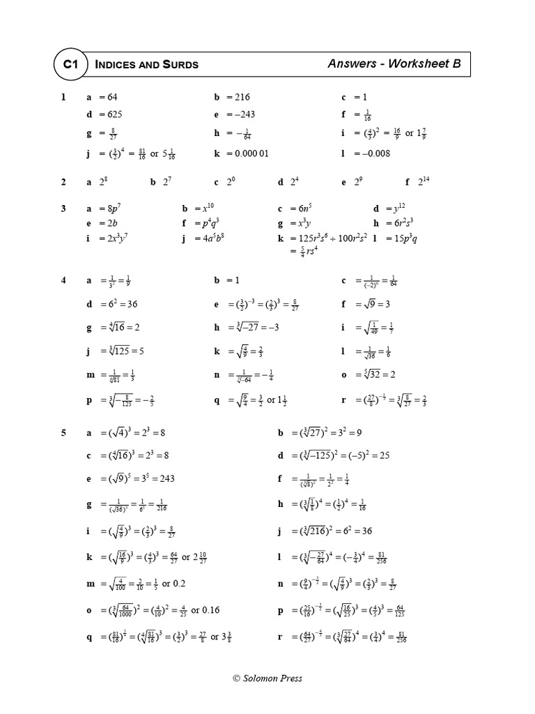 Indices and Surds Worksheet Answers | PDF