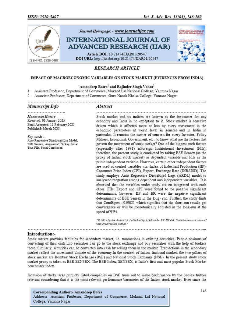 IMPACT OF MACROECONOMIC VARIABLES ON STOCK MARKET (EVIDENCES FROM INDIA) | PDF | Macroeconomics ...
