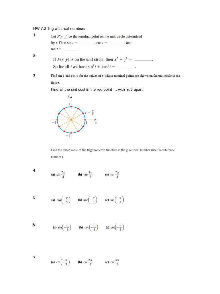 HW 7.2 Trig Function With Real Numbers | PDF